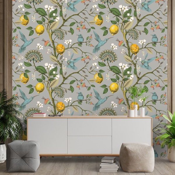 Birds and Lemons Wallpaper - Etsy