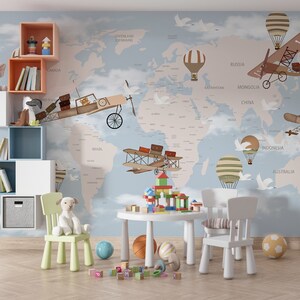 Cartoon World Map Wall Mural Jet Air Planes With Hot Air - Etsy