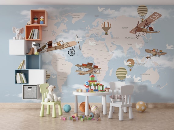Cartoon World Map Wall Mural Jet Air Planes With Hot Air | Etsy