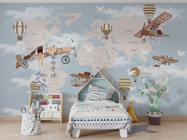 Cartoon World Map Wall Mural Jet Air Planes With Hot Air - Etsy