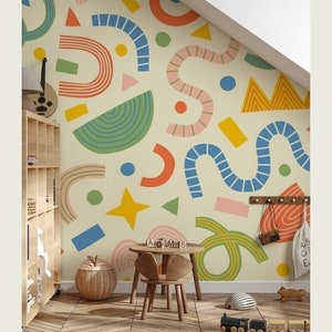 Happy Kids Shapes Wall Mural Nursery,rainbow Color and Different Shapes ...