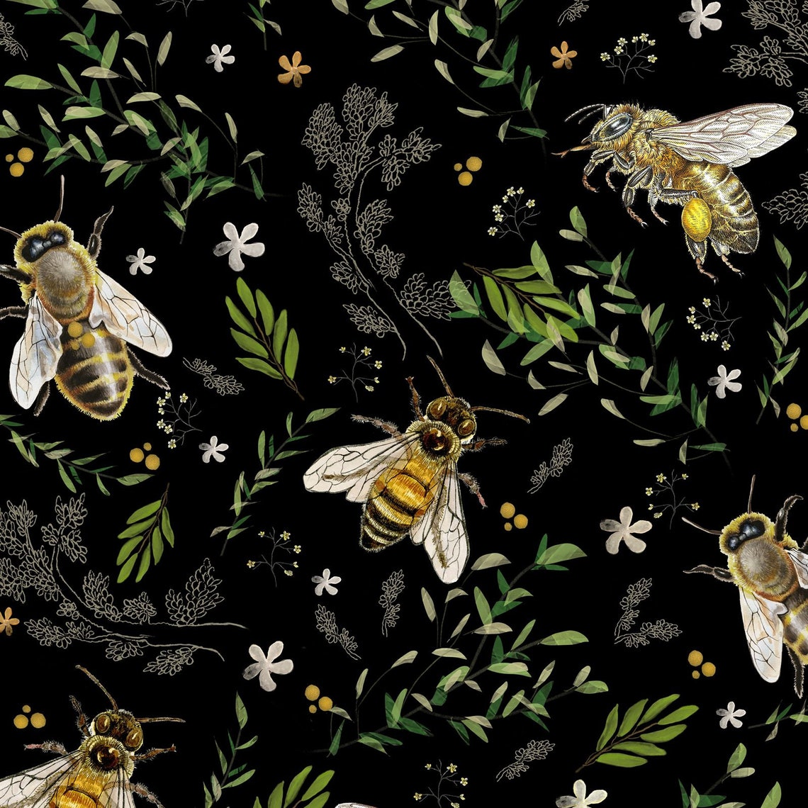 Removable Spring Bee Pattern Wallpaper in Midnight Black Peel - Etsy