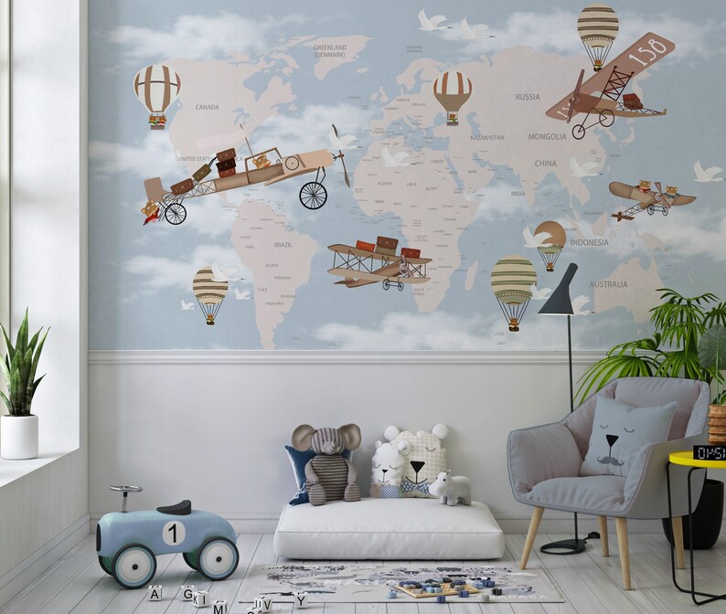 Cartoon World Map Wall Mural Jet Air Planes With Hot Air - Etsy