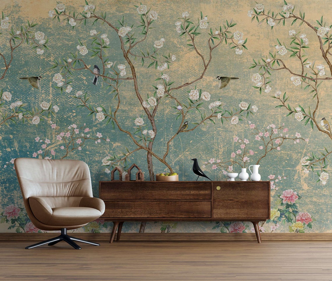 Vintage Chinoiserie Wallpaper With Birds Floral Ancient - Etsy UK