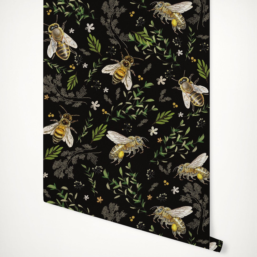 Removable Spring Bee Pattern Wallpaper in Midnight Black Peel and Stick ...