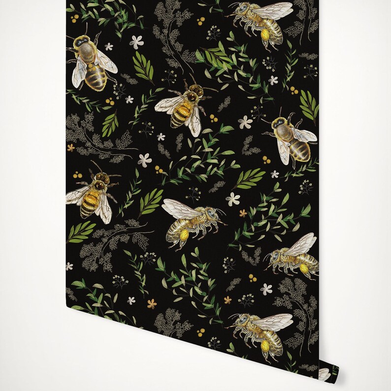 Removable Spring Bee Pattern Wallpaper in Midnight Black Peel - Etsy