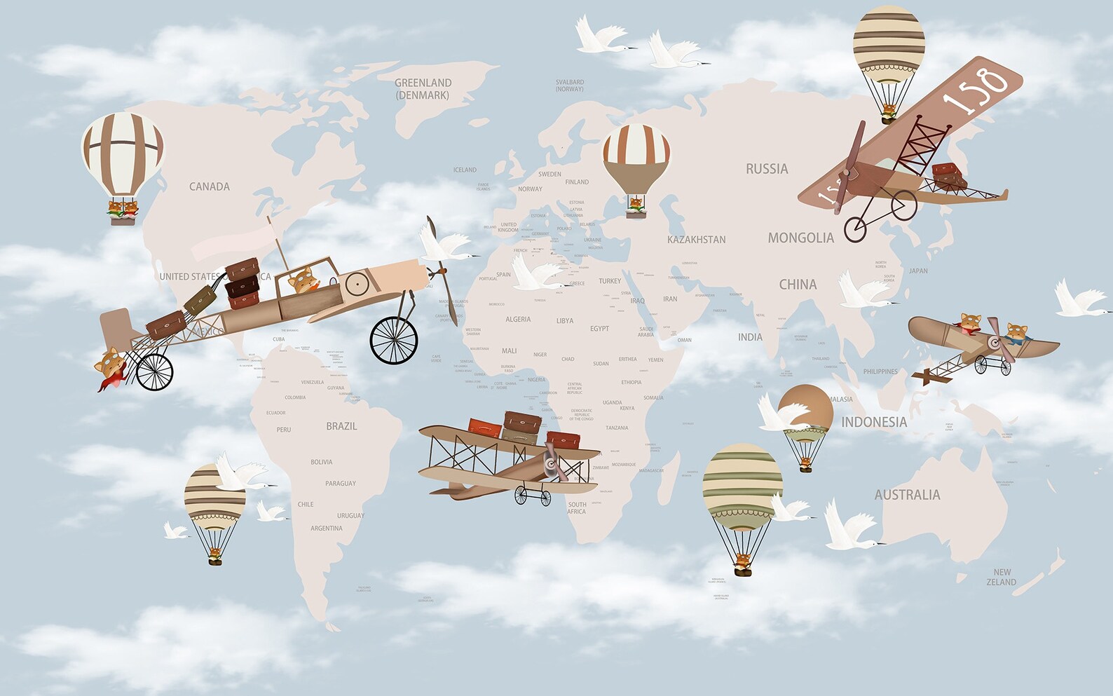 Cartoon World Map Wall Mural Jet Air Planes With Hot Air - Etsy