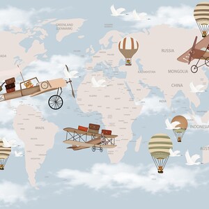 Cartoon World Map Wall Mural Jet Air Planes With Hot Air - Etsy