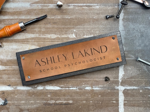 Handmade Wood & Leather Desk Name Plate Custom - Etsy