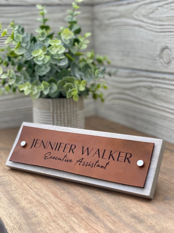Handmade Wood & Leather Desk Name Plate Custom - Etsy