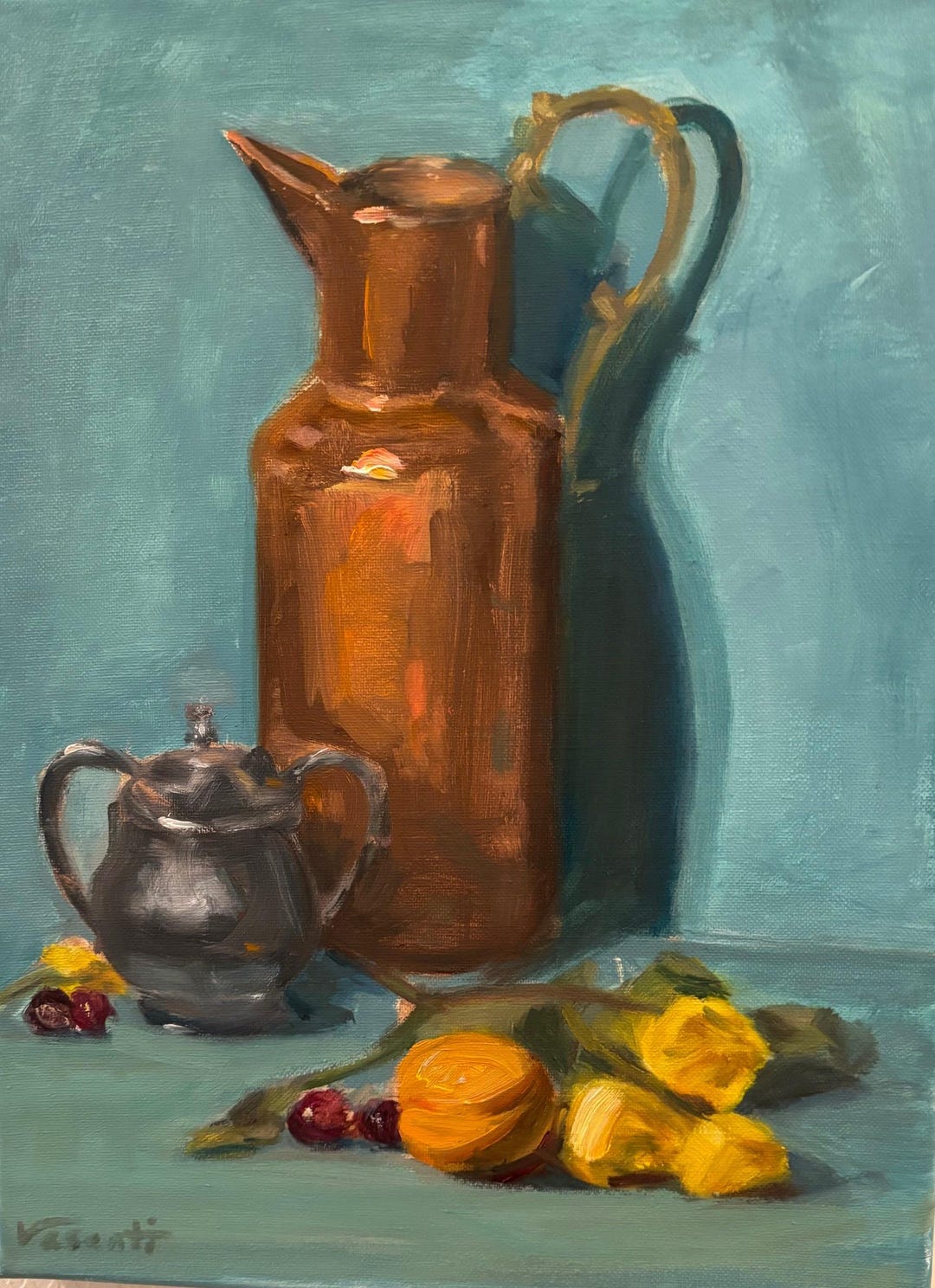 Still Life - Copper Pot and Yellow Flowers -unframed Original Oil ...