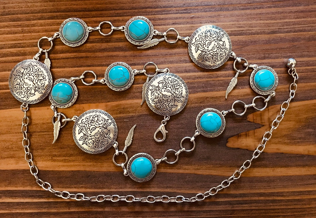 Western Silver Concho Chain Belt Metal Belt Silver Chain Belt for Women ...