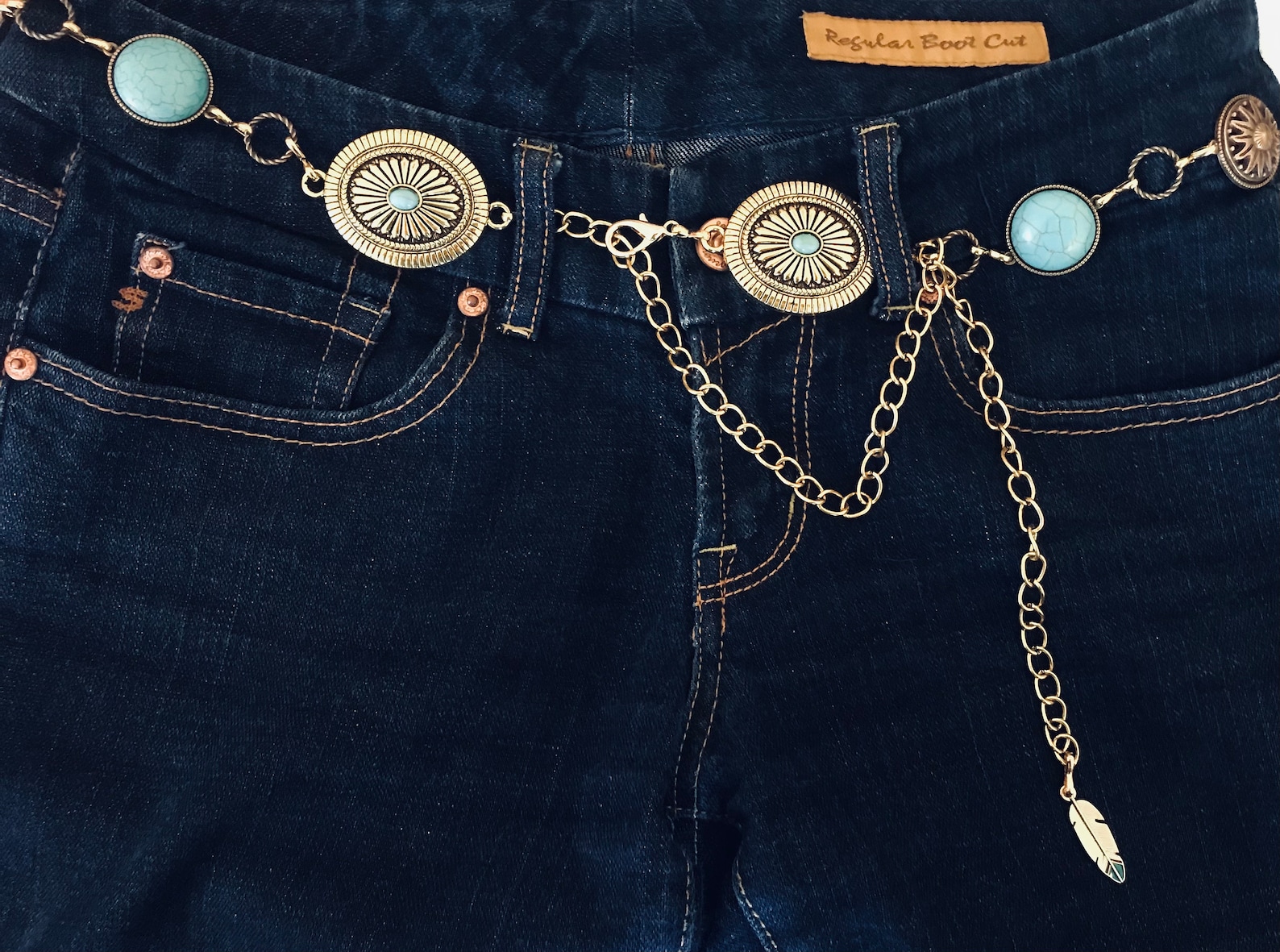 Gold Concho Chain Belt: Western Cowgirl Style With Turquoise Accents - Etsy