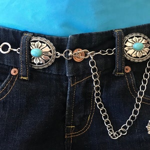 Silver Western Concho Link Chain Belt | Manmade Turquoise Metal Belt ...