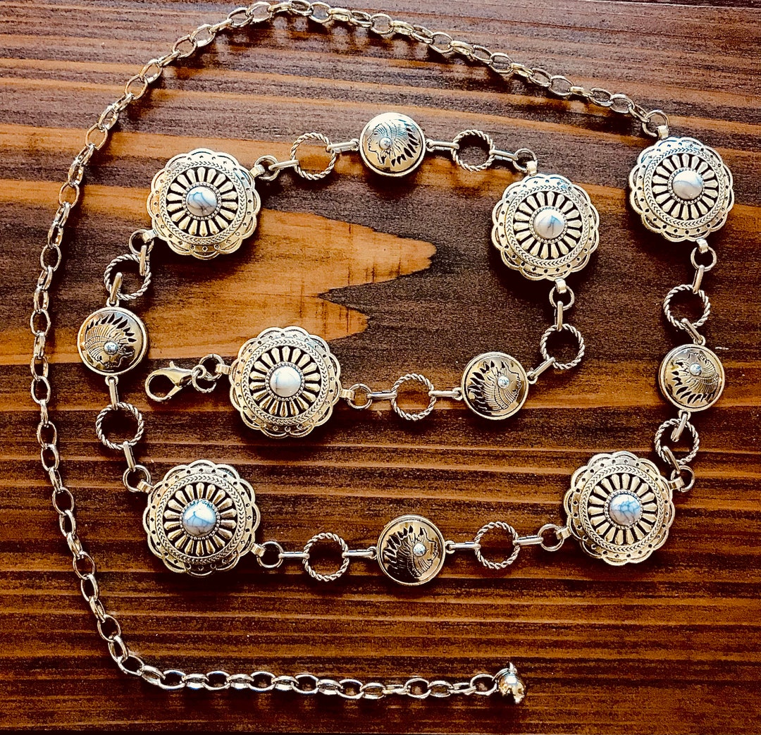 Concho Chain Belt Faux Silver Conchos With Gray Marble Look Cowgirl ...