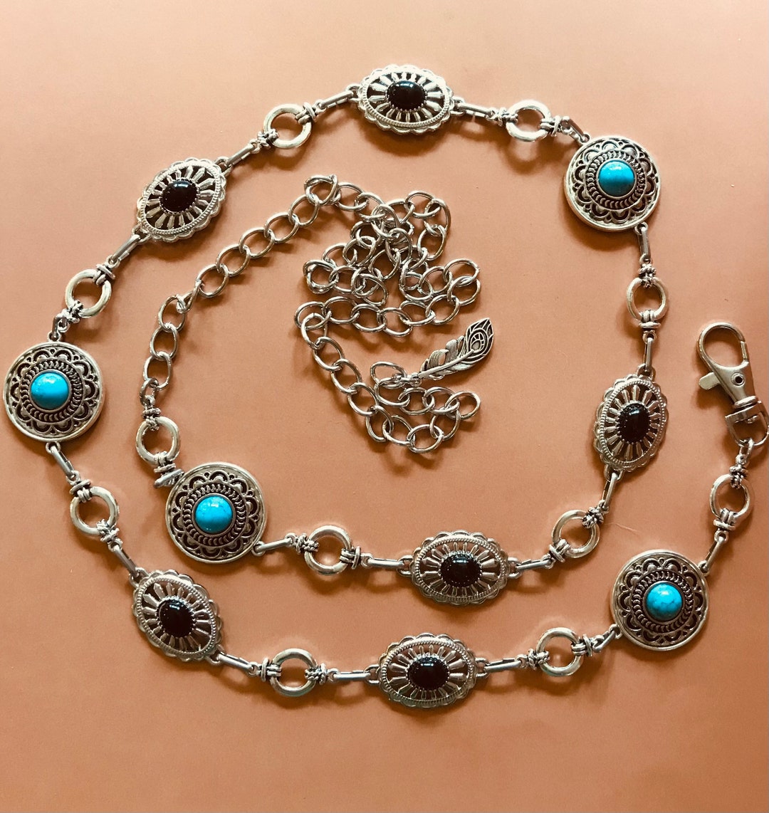 Vintage Concho Chain Belt: Western Cowgirl Style, Turquoise & Black ...
