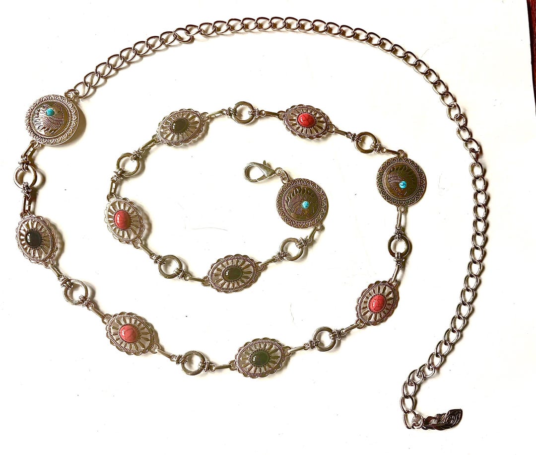 Silver Western Concho Chain Belt | Navajo Style Indian Head | Vintage ...