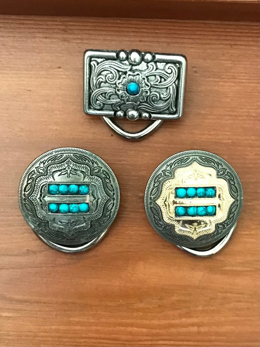 Concho Scarf Slide, Silver and Gold Turquoise Beaded Floral Design ...