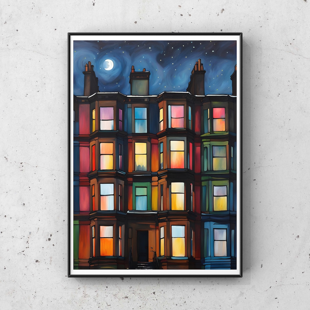 Glasgow Tenement Print: Colourful, Moonlit Wall Art - Etsy UK