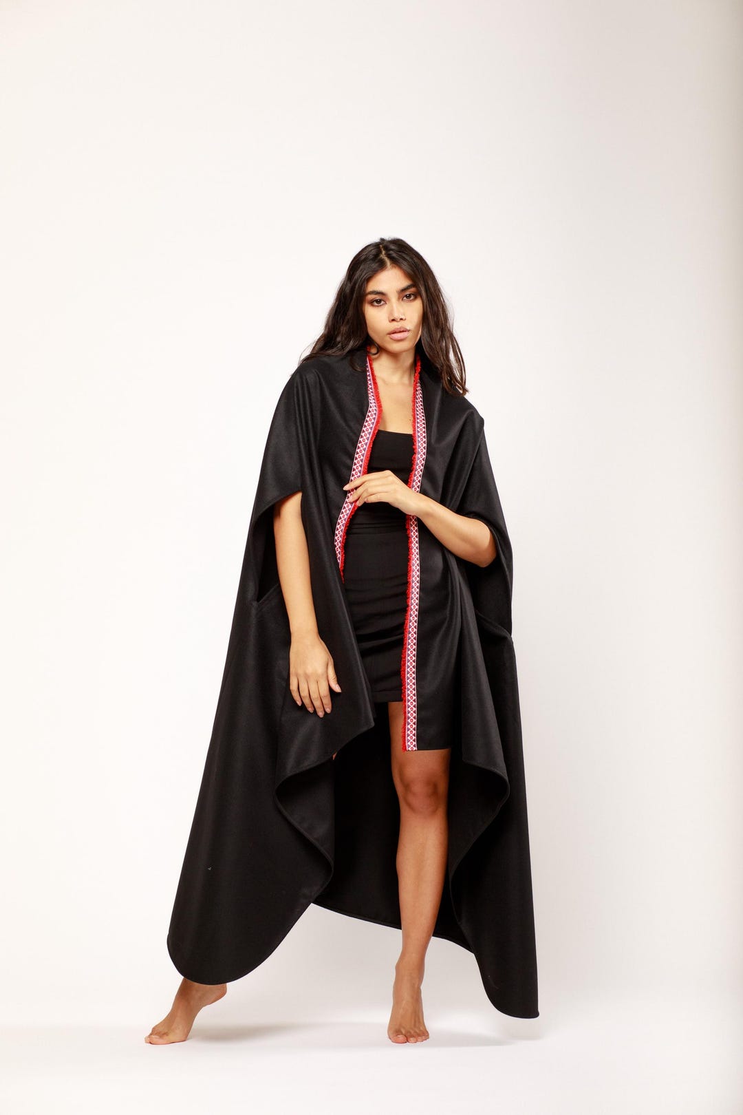 Long Wool Cape With Red Trimmings. - Etsy