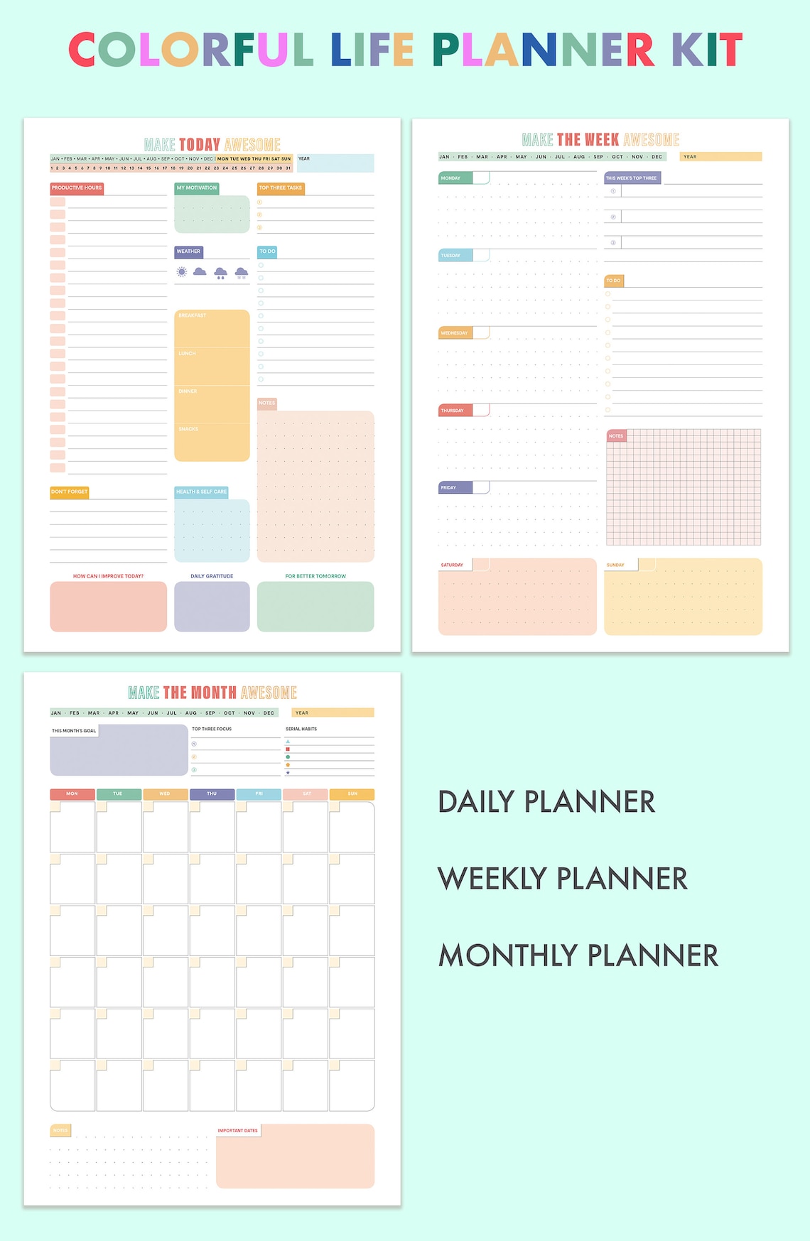 Downloadable Planner Kit Colorful, Planner Printable Template ...