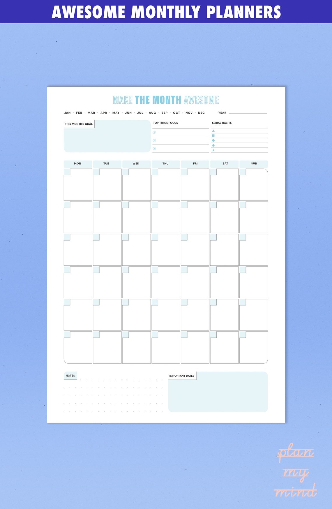 Monthly Planner Printable Big Pack, Monthly Printable Planner Template ...