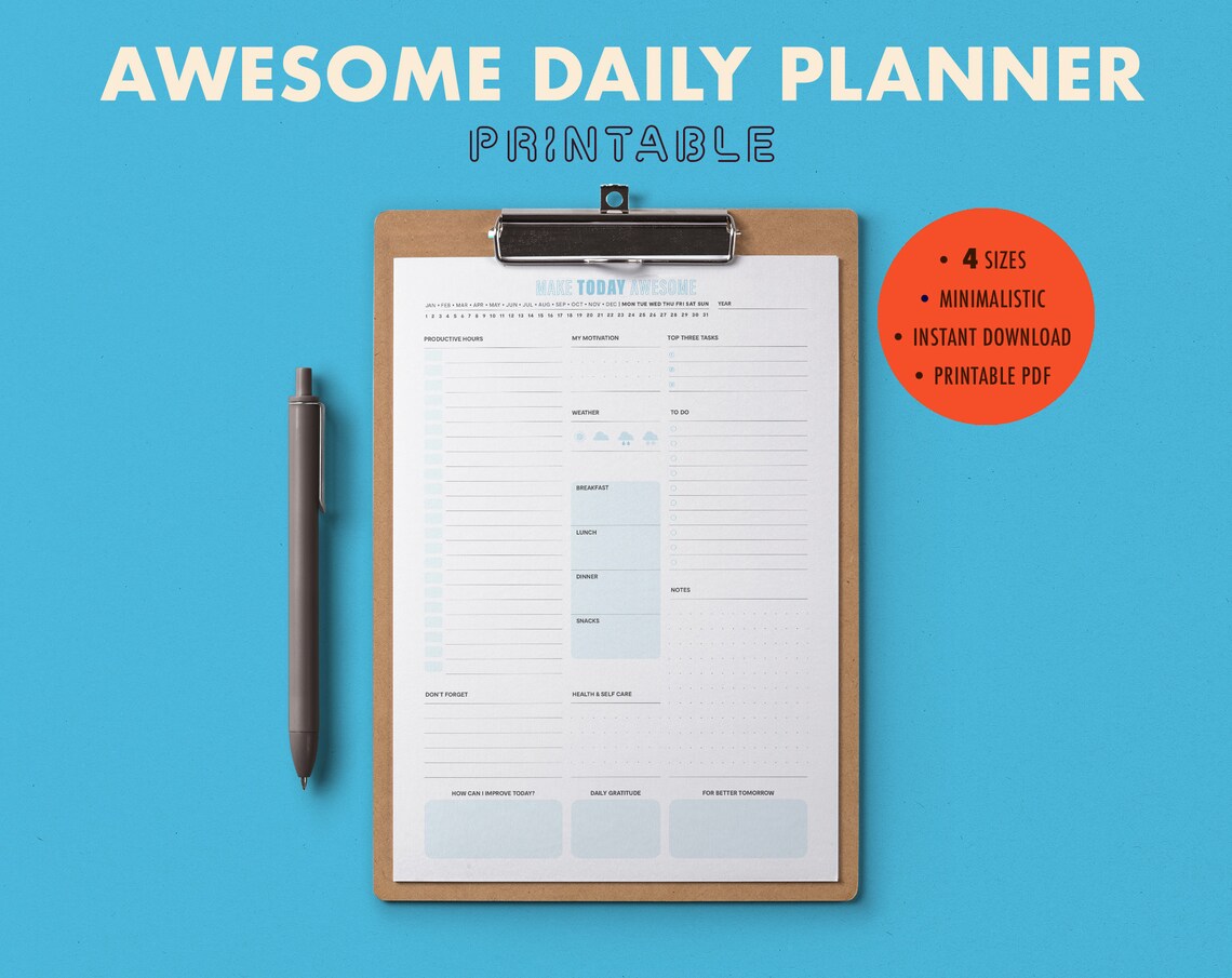 Daily Planner Printable Blue, Daily Printable Planner Template ...