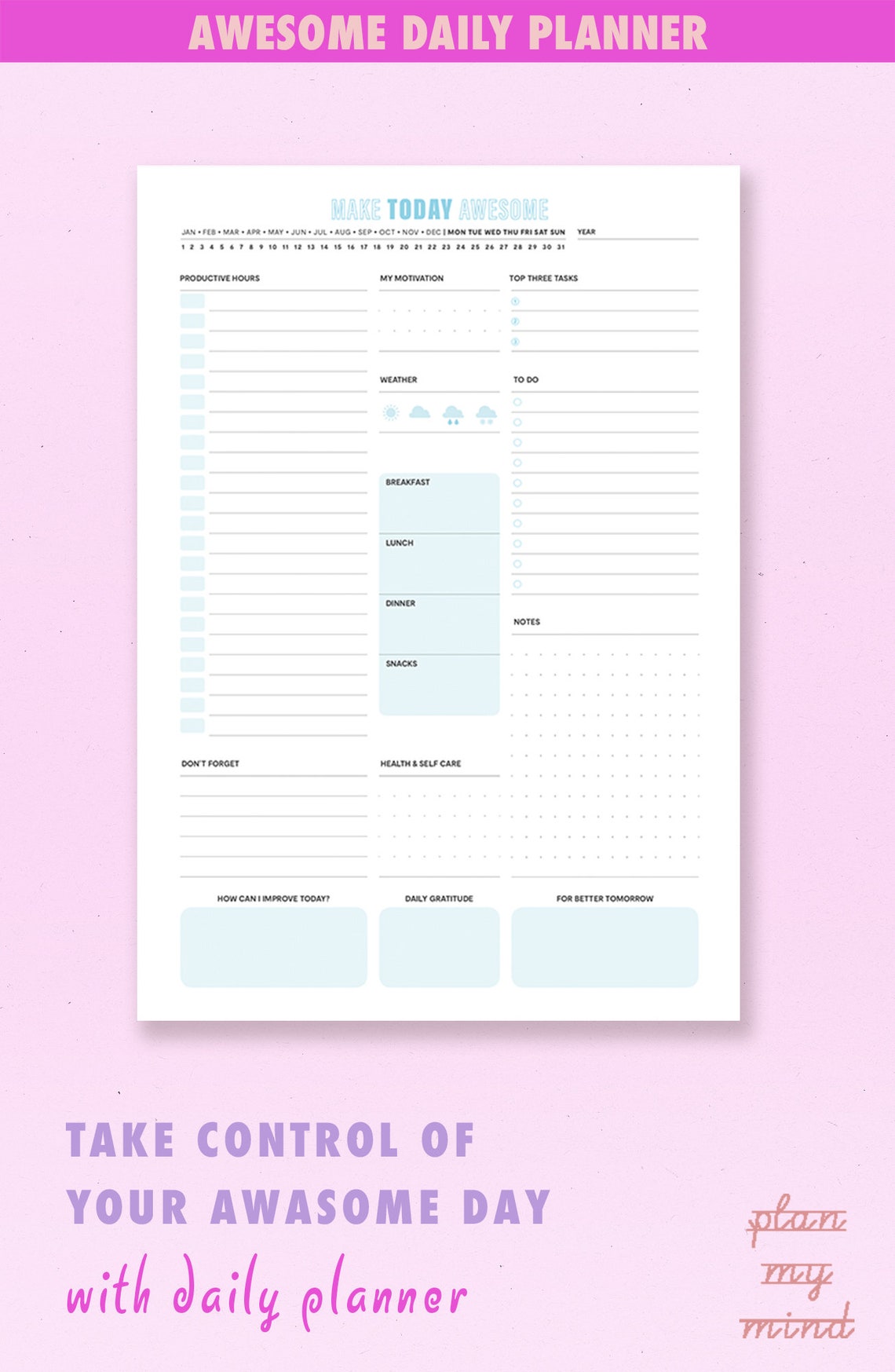Daily Planner Printable Blue, Daily Printable Planner Template ...