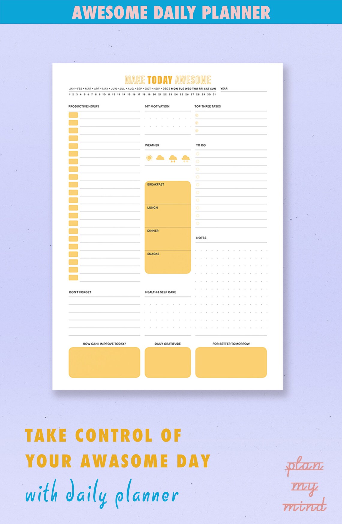 Daily Planner Printable Yellow, Daily Printable Planner Template ...
