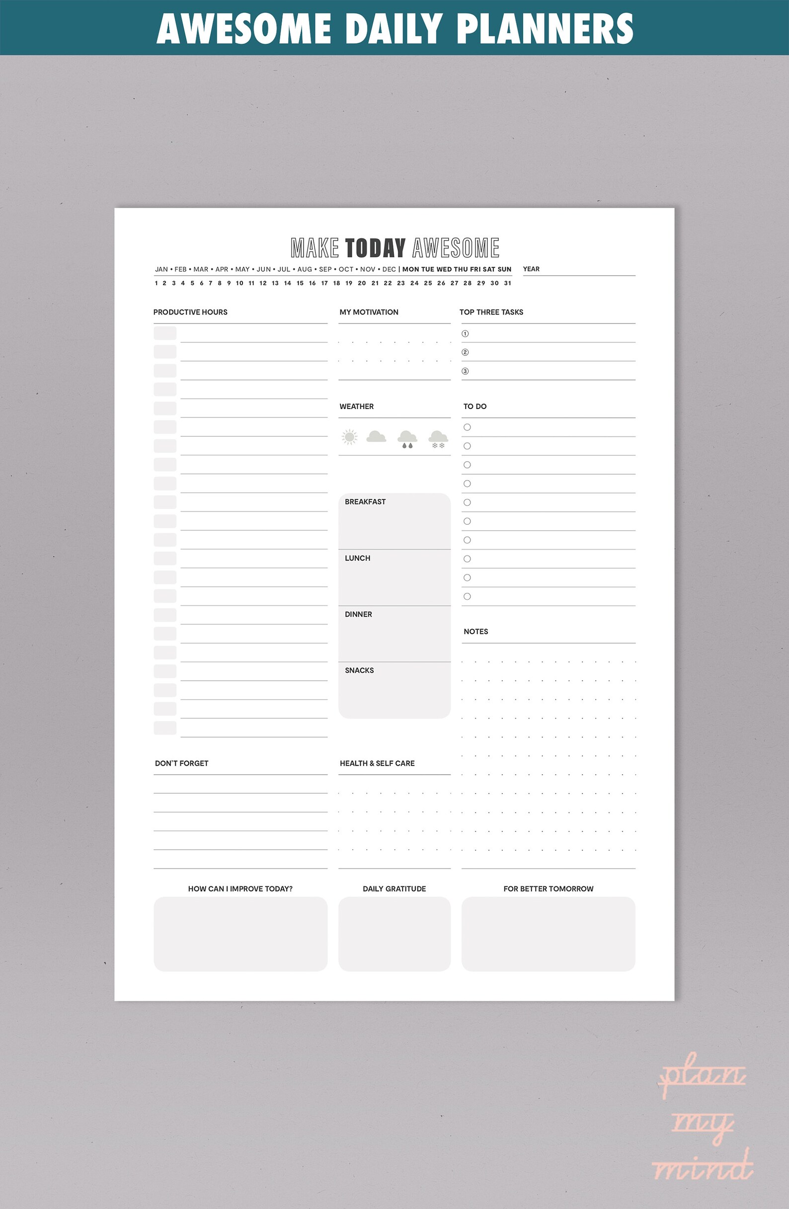 Daily Planner Printable Big Pack, Daily Printable Planner Template ...