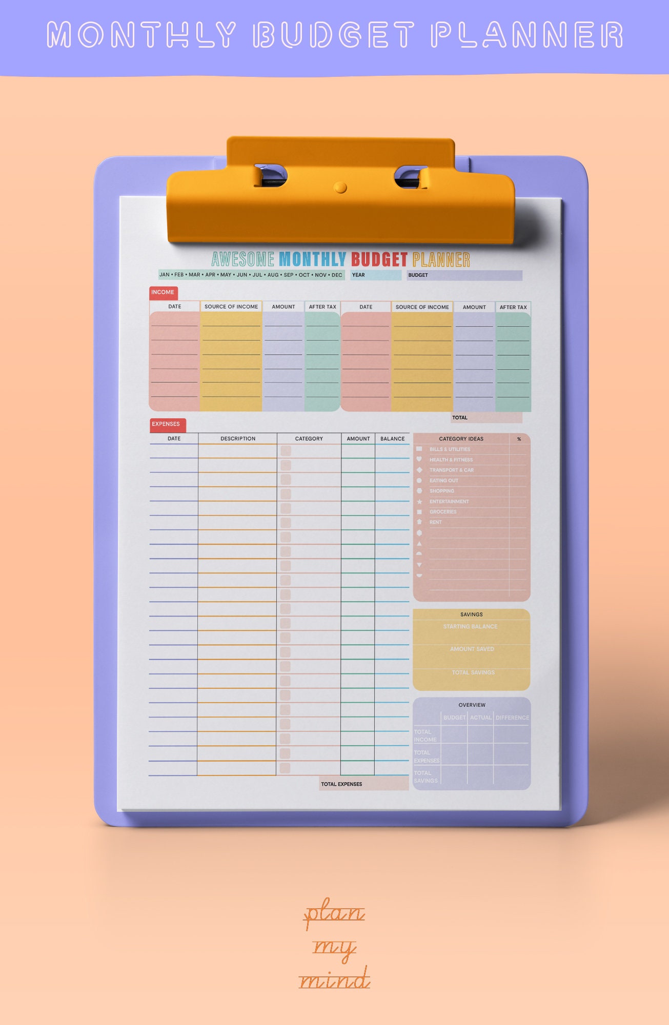 Printable Budget Planner Colorful Monthly Budget Planner - Etsy