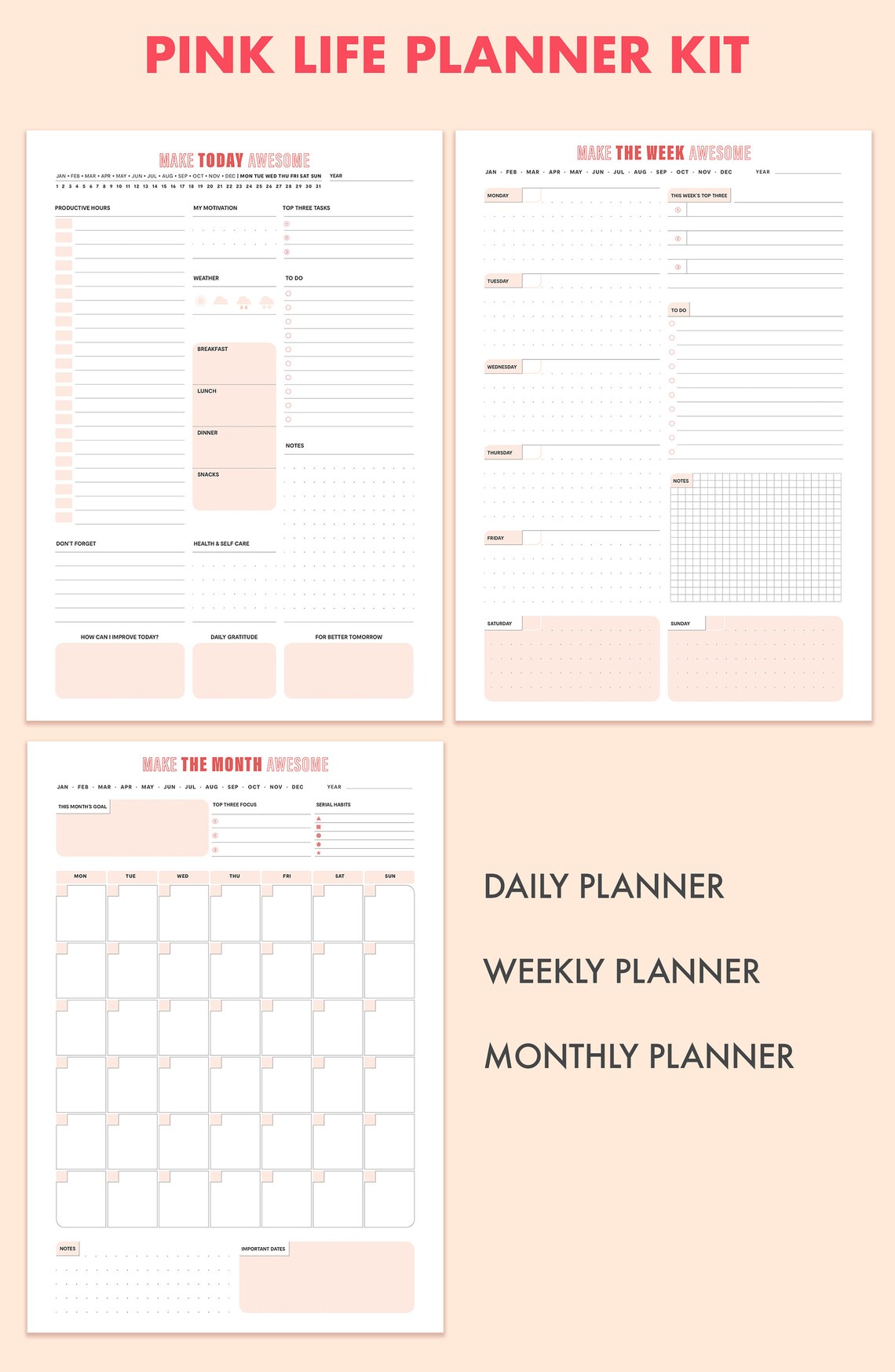 Downloadable Planner Kit Pink, Planner Printable Template, Printable ...