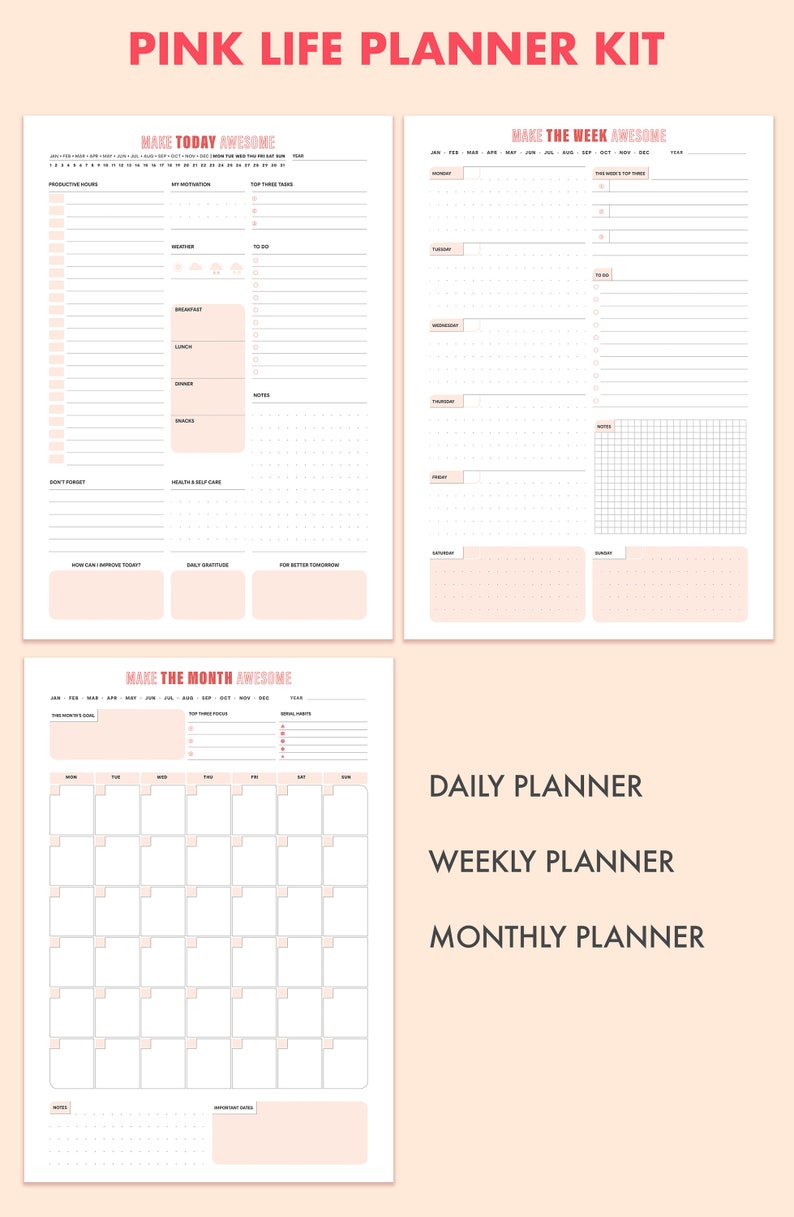 Downloadable Planner Kit Pink, Planner Printable Template, Printable ...