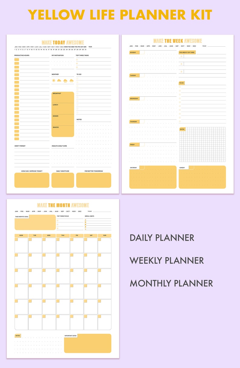 Downloadable Planner Kit Yellow Planner Printable Template - Etsy Australia