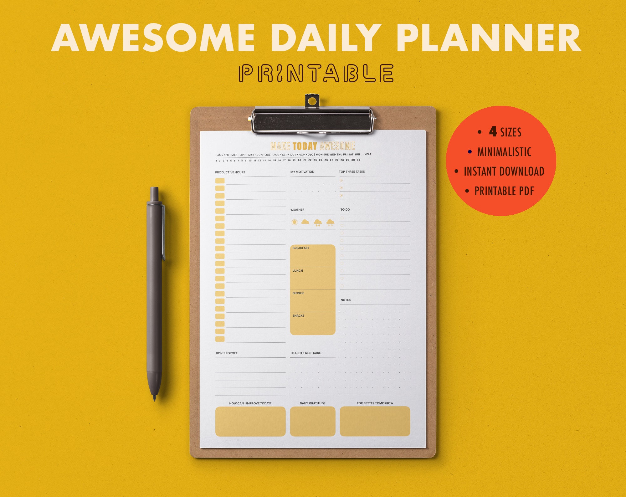 Daily Planner Printable Yellow, Daily Printable Planner Template ...