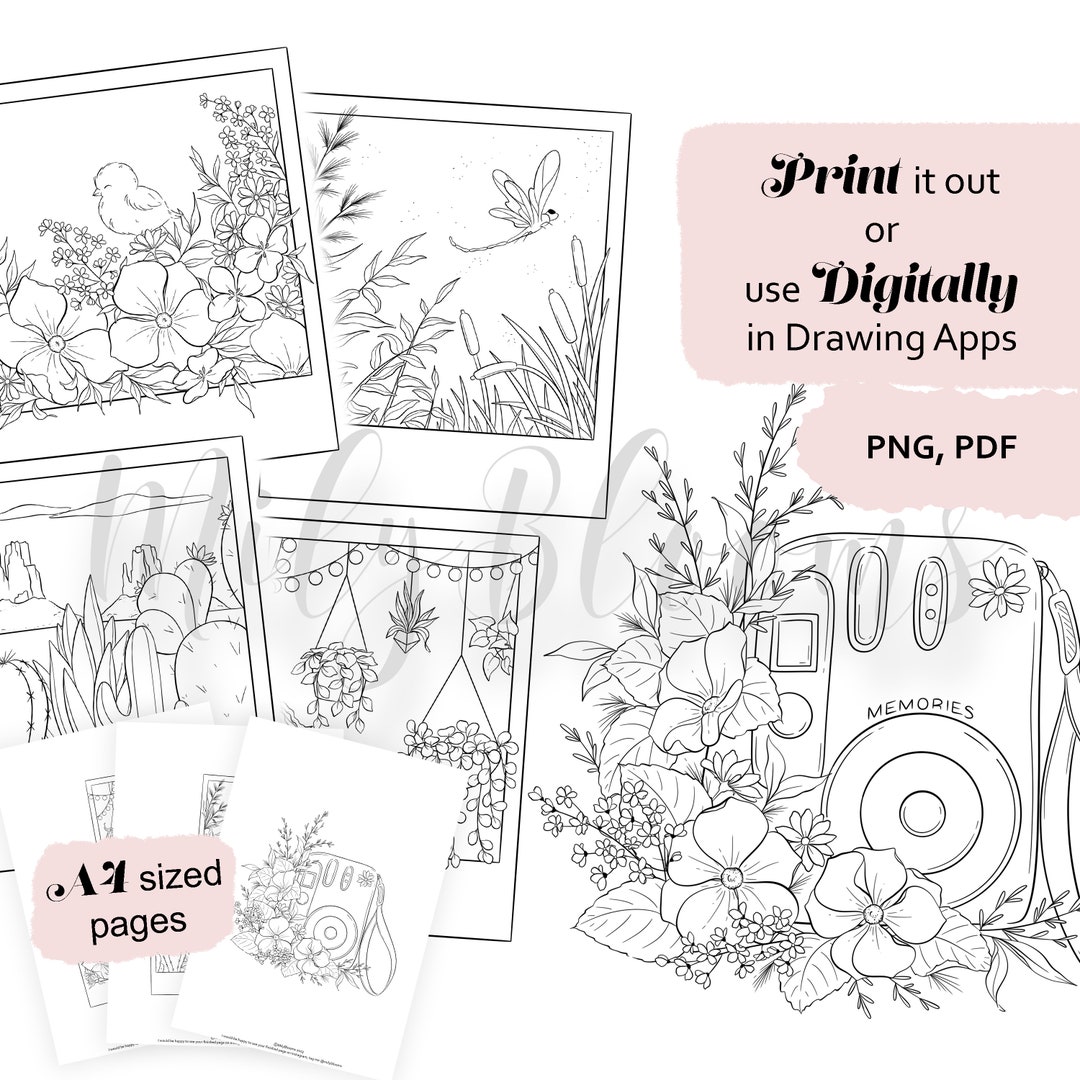 PRINTABLE and DIGITAL Coloring Pages for Adults, Floral Camera and ...