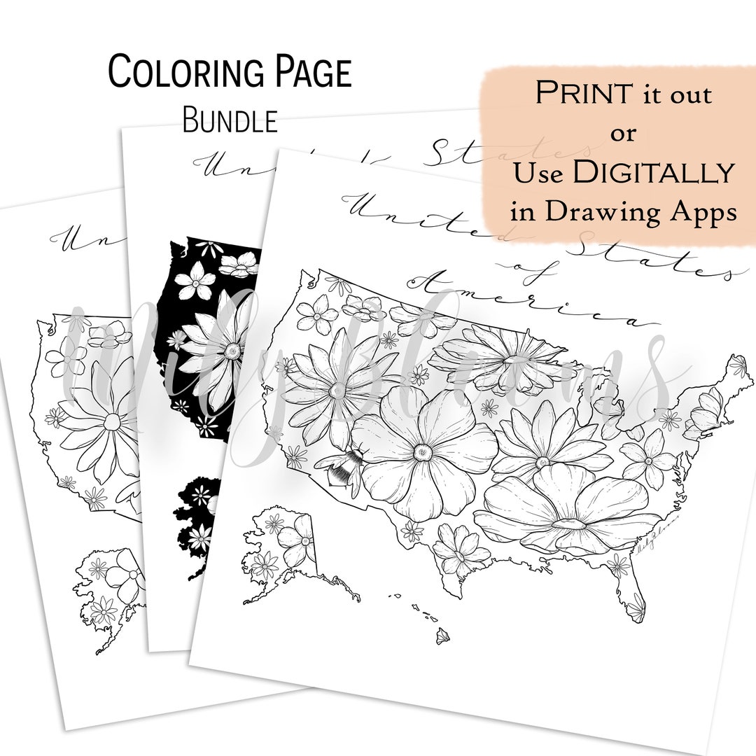 PRINTABLE and DIGITAL Adults Coloring Page, Floral USA Map, Botanical ...