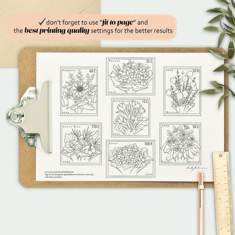 Floral Postage Stamps Coloring Page: Vintage Flower Bouquets (printable ...