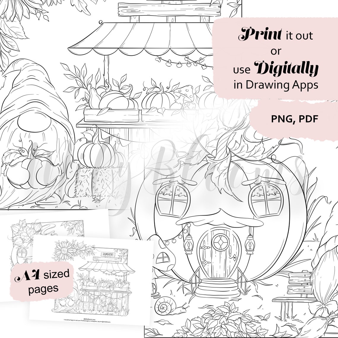 Fall Gnomes Coloring Pages: Pumpkin Home, Floral Print (digital ...