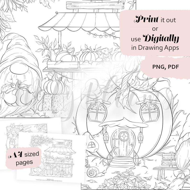 Fall Gnomes Coloring Pages: Pumpkin Home, Floral Print (digital ...