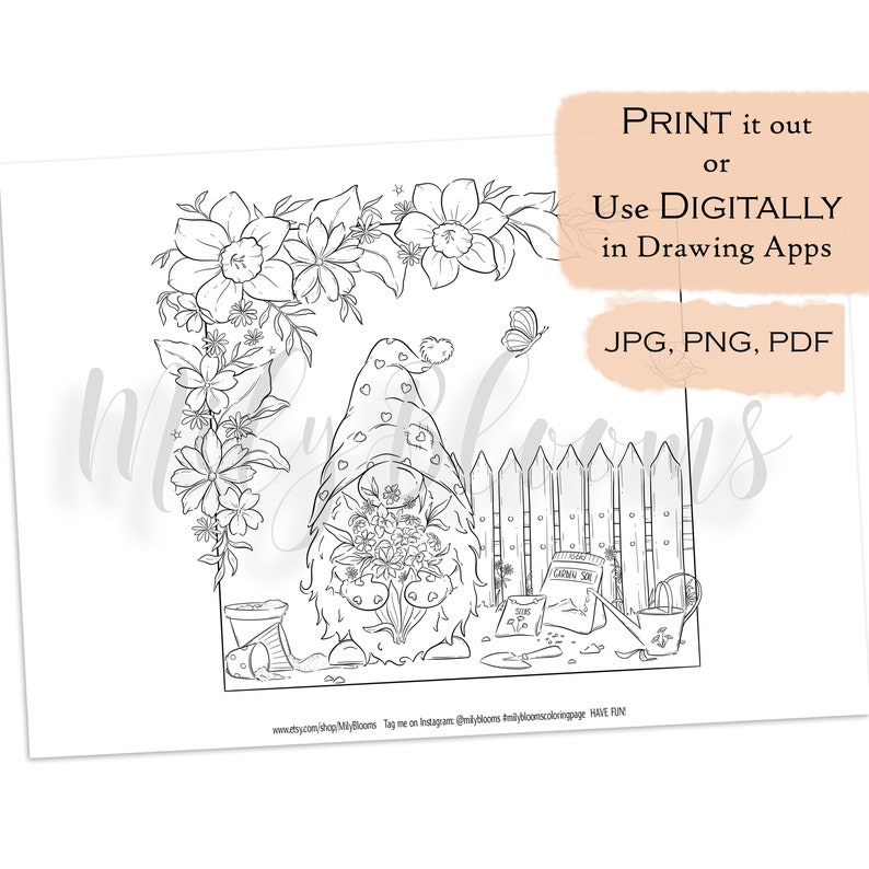 Gnome Coloring Page, Spring Flowers, Gardening Scene (digital Download ...