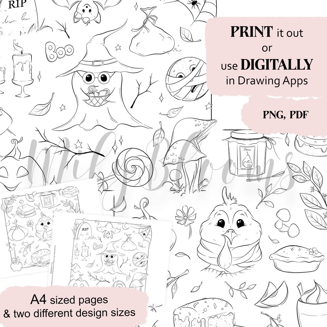 PRINTABLE and DIGITAL Fall Adults Coloring Pages, Cute Ghost, Autumnal ...