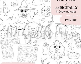 PRINTABLE and DIGITAL Fall Adults Coloring Pages, Cute Ghost, Autumnal ...