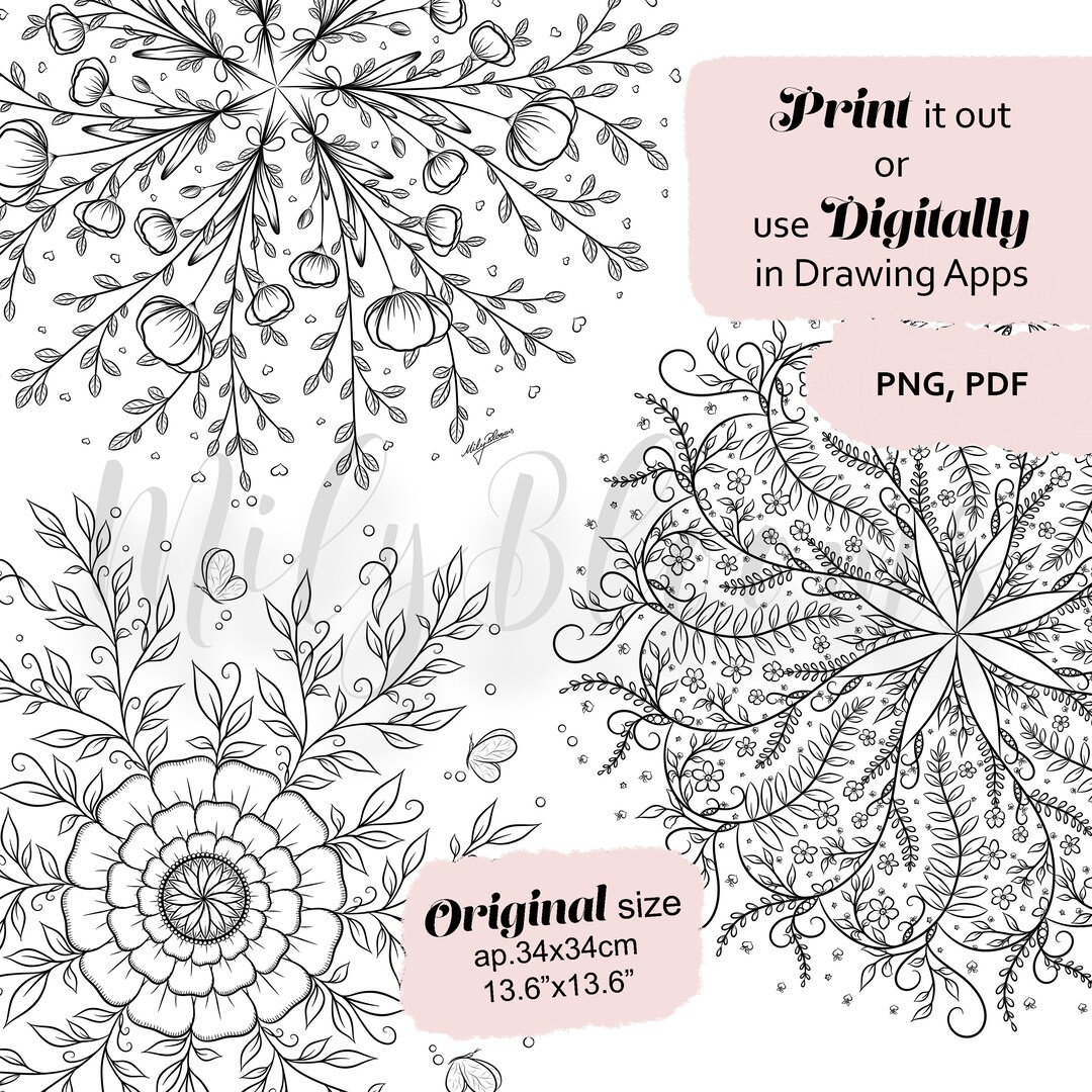 PRINTABLE and DIGITAL Adults Coloring Page Set, Floral Mandala, Poppy ...