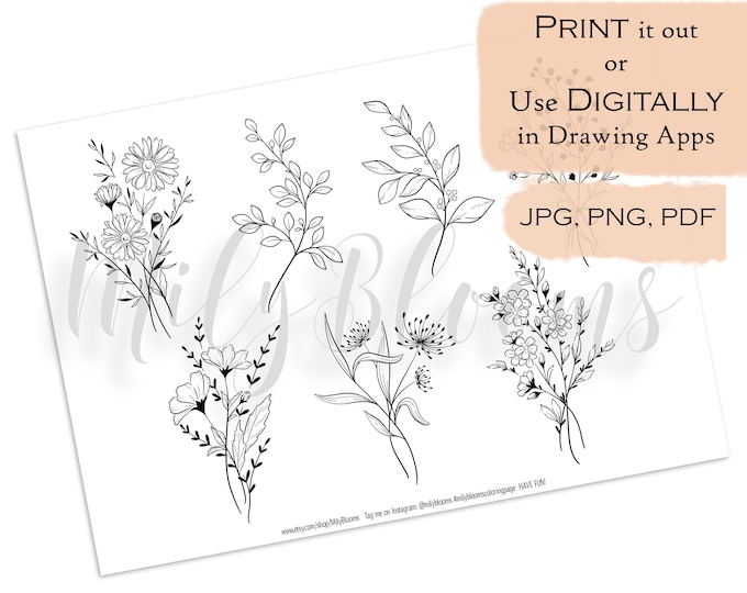 PRINTABLE and DIGITAL Coloring Page for Adults, Tiny Wildflower ...