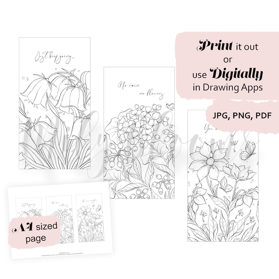 Set of 3 Floral Coloring Bookmarks, Spring Motivational Bookmark Bundle ...