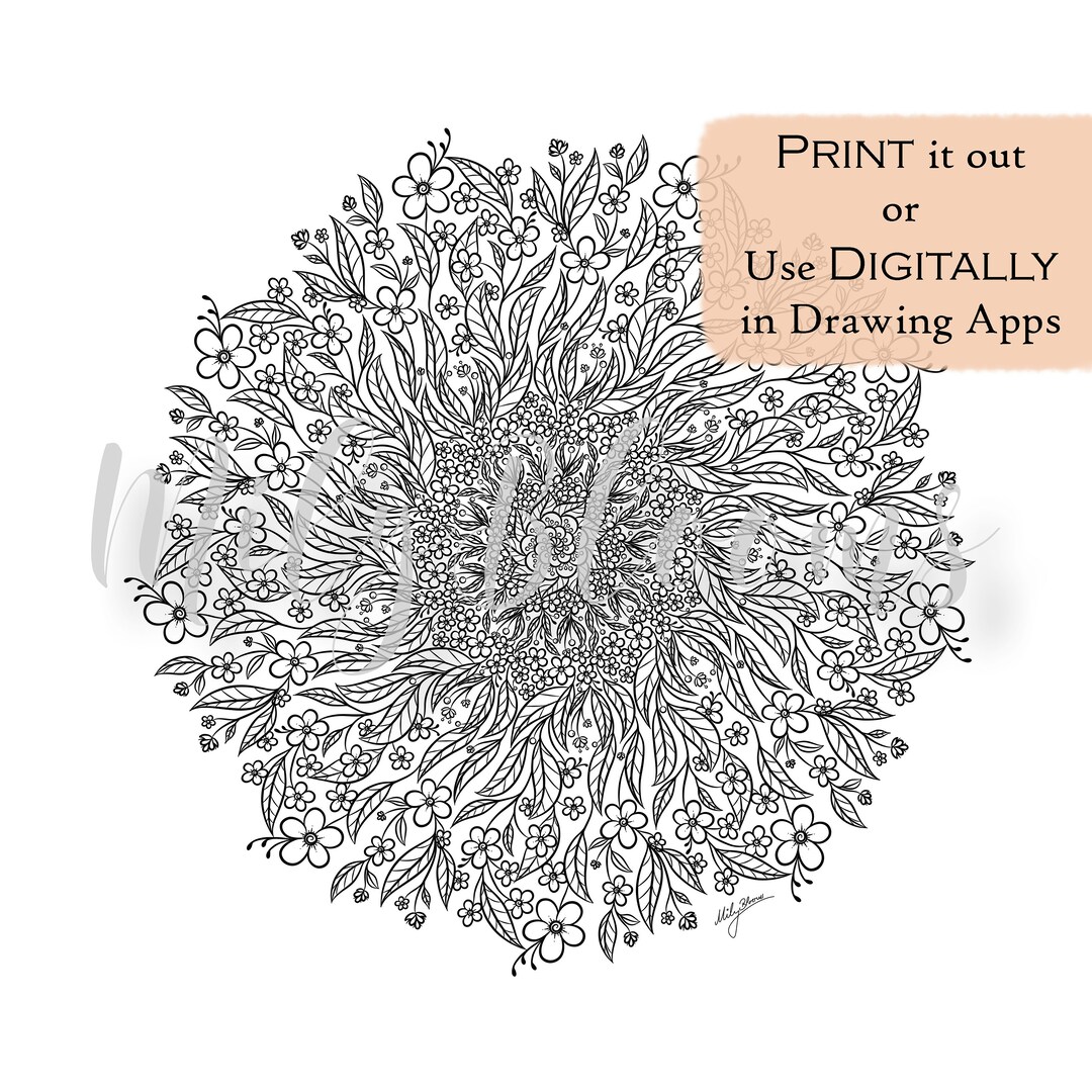 PRINTABLE and DIGITAL Adults Coloring Page, Hand Drawn Floral Mandala ...