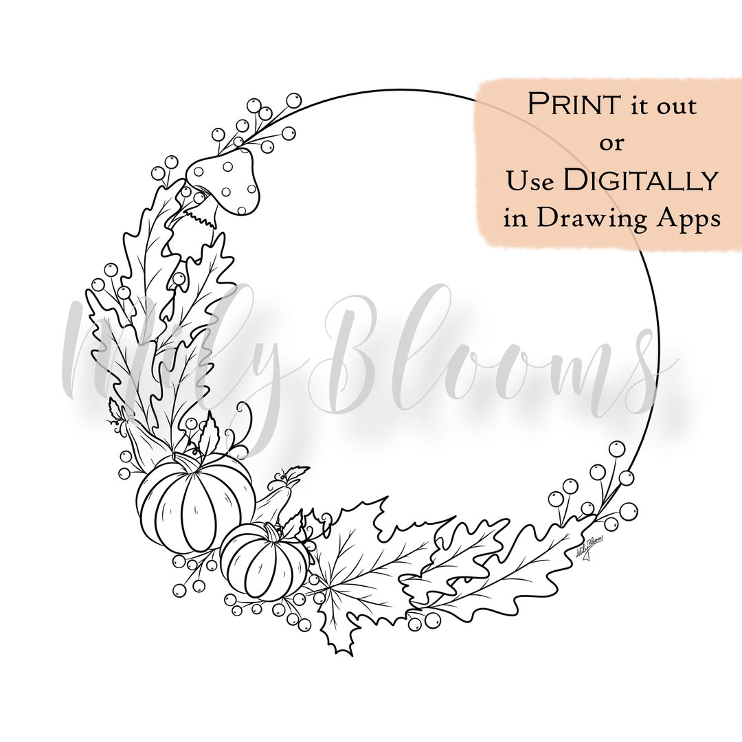 PRINTABLE and DIGITAL Adults Coloring Page, Autumn Pumpkin Wreath With ...