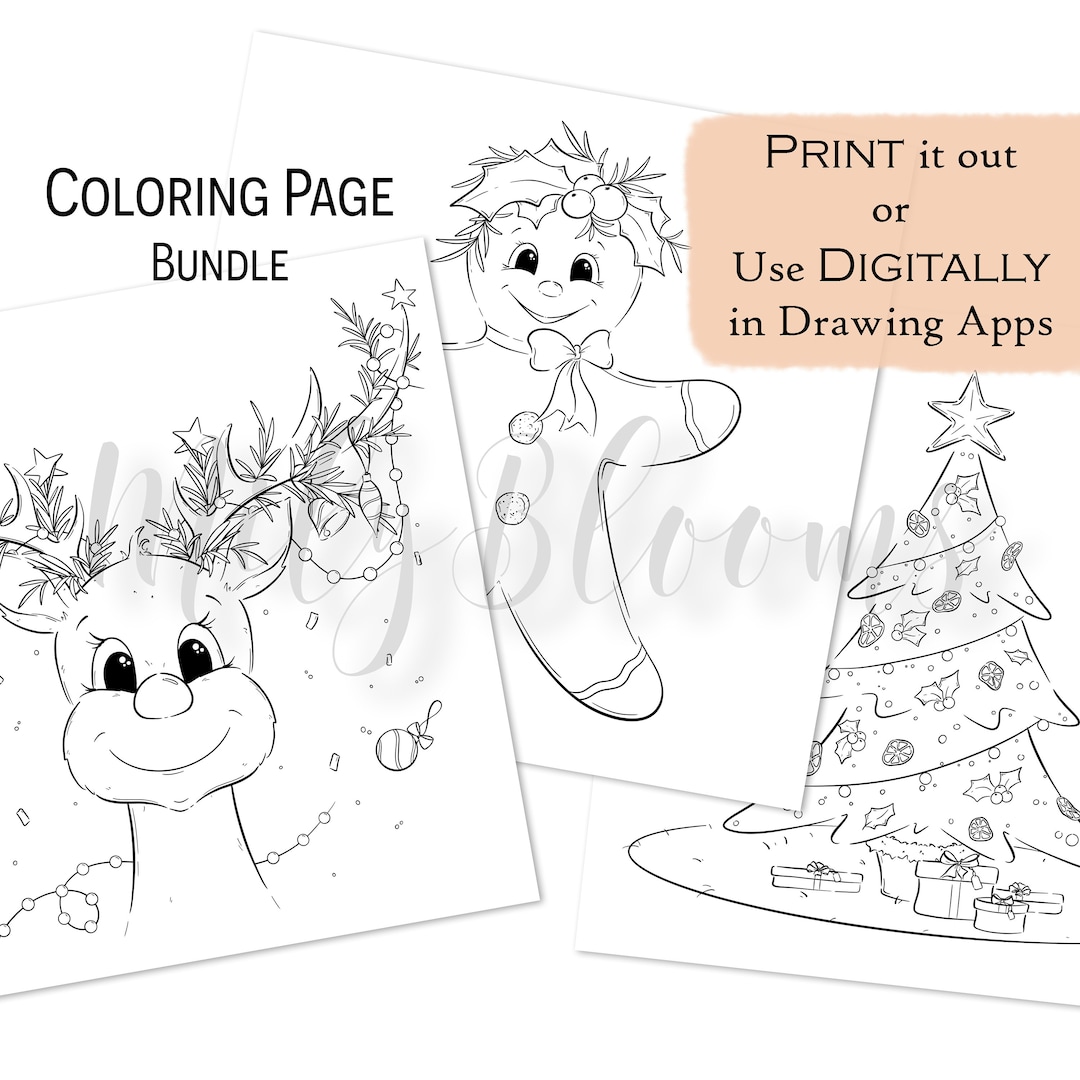 Christmas Bundle, PRINTABLE and DIGITAL Adults Coloring Page, Reindeer ...