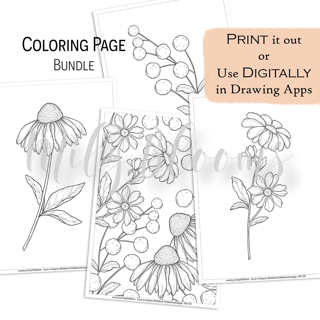 Wildflower Coloring Page Bundle: Botanical Digistamps (printable ...